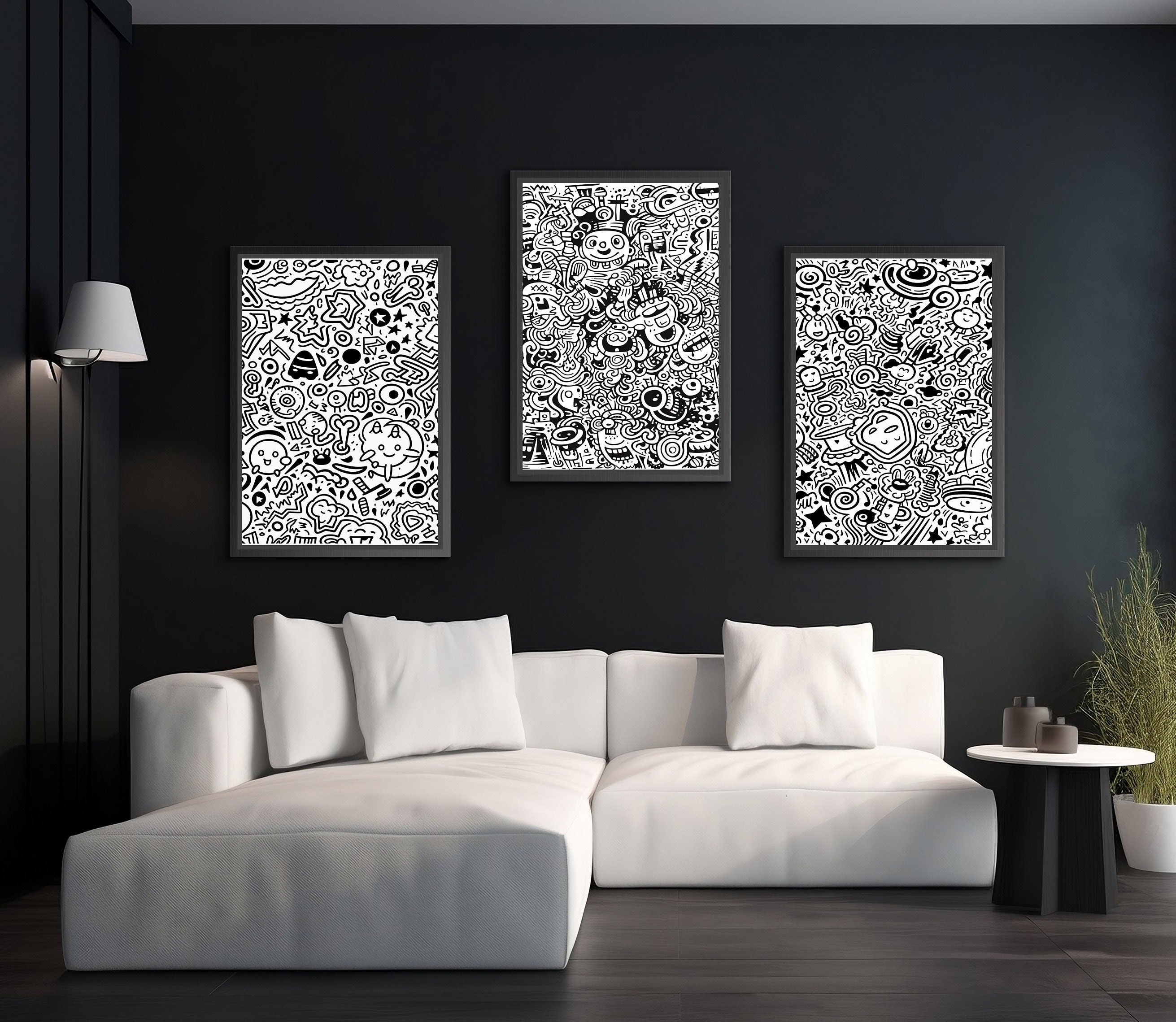 Doodle Art Prints Set of 3, Minimalist Digital Prints, Black and White ...