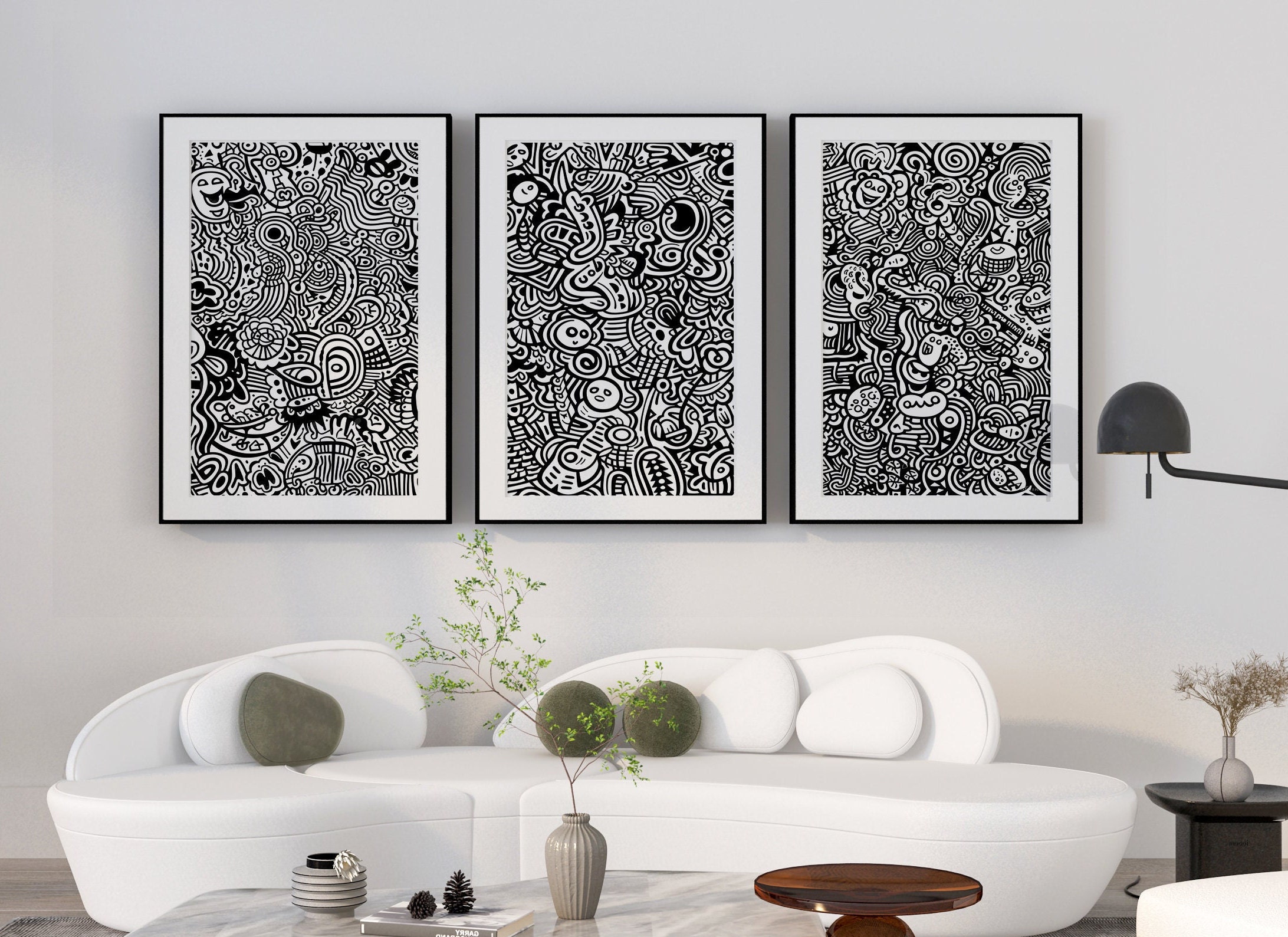 Doodle Art Prints Set of 3, Neutral Modern Wall Art Decor, Minimalist ...
