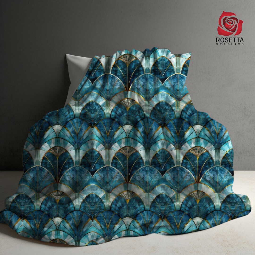 Aqua Art Deco Fans Blanket, Sherpa Fleece Blanket, Cozy Couch Blanket ...