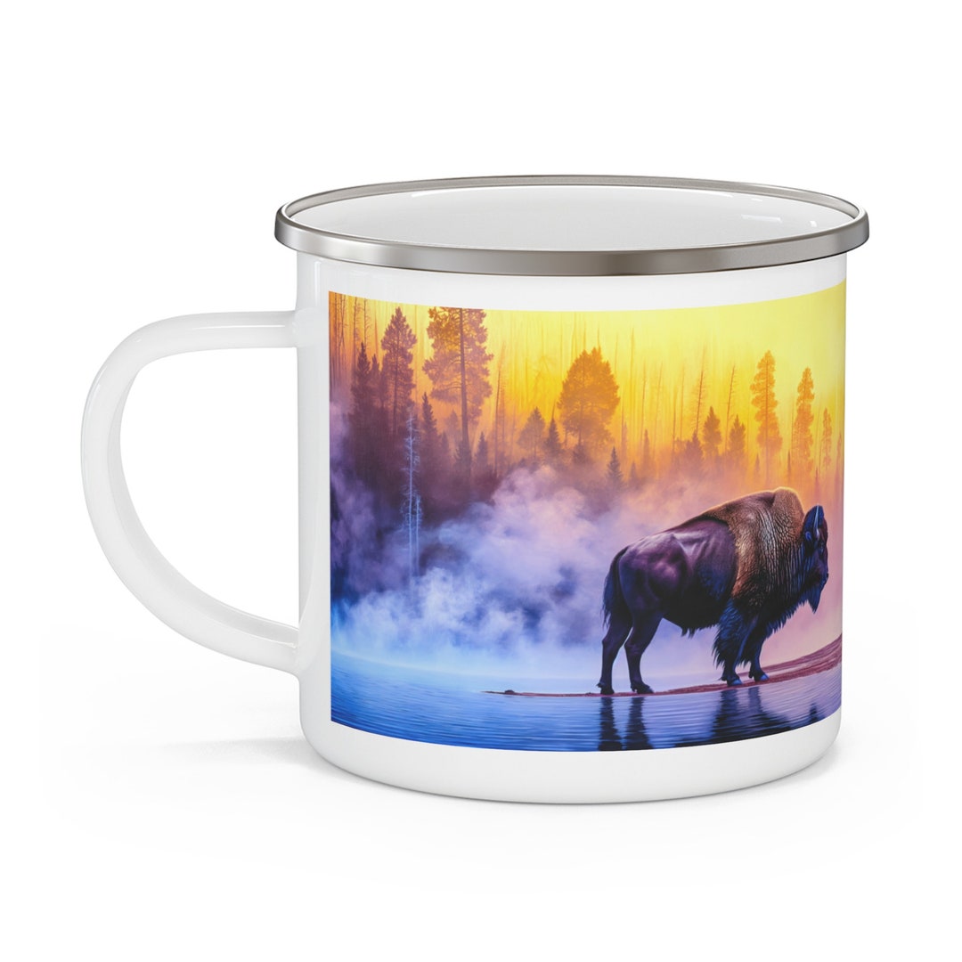Yellowstone Impressionism Bison Enamel Camping Mug, National Park Mug ...