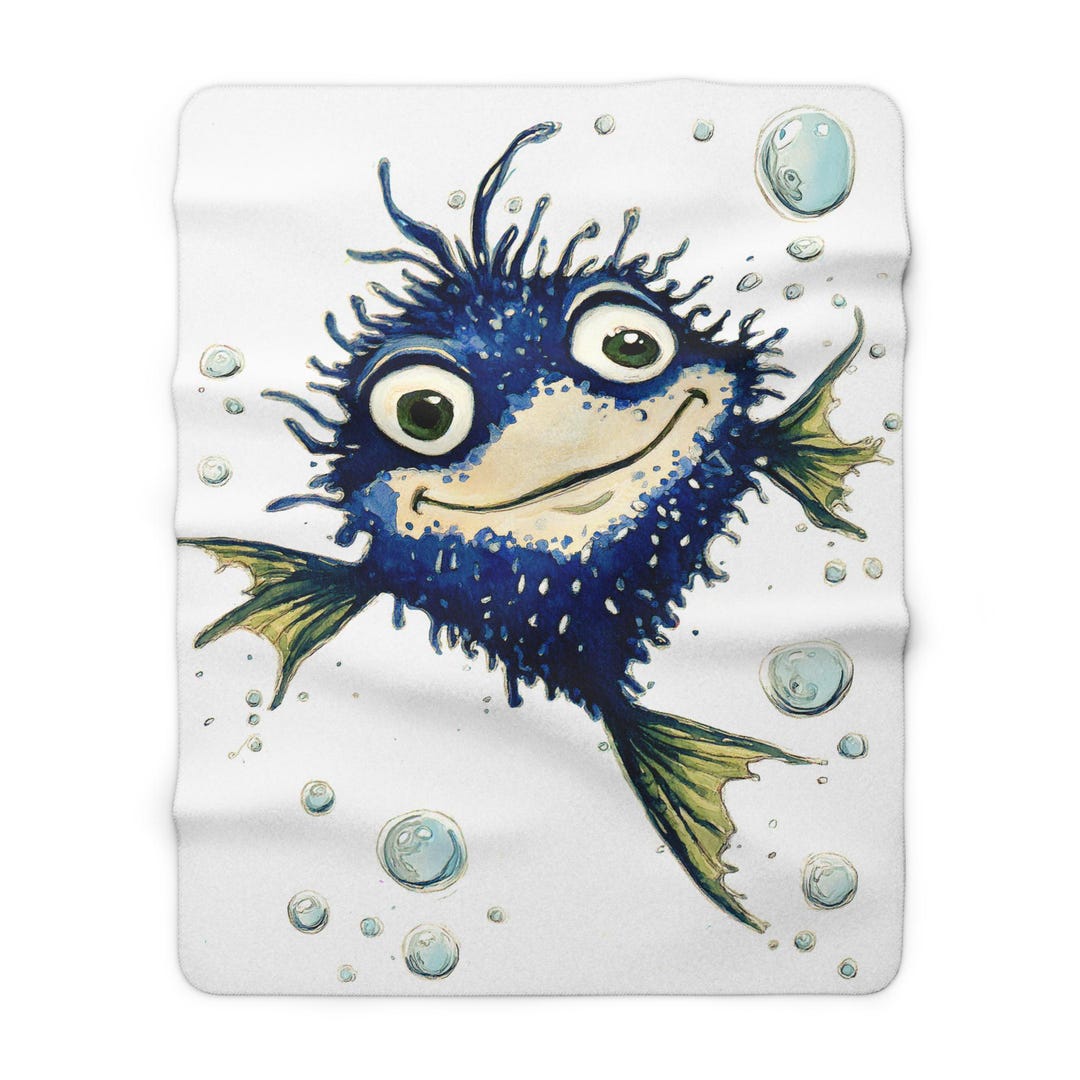 Whimsical Blue Fuzzy Fish Sherpa Blanket – Funny Ocean Creature Throw ...