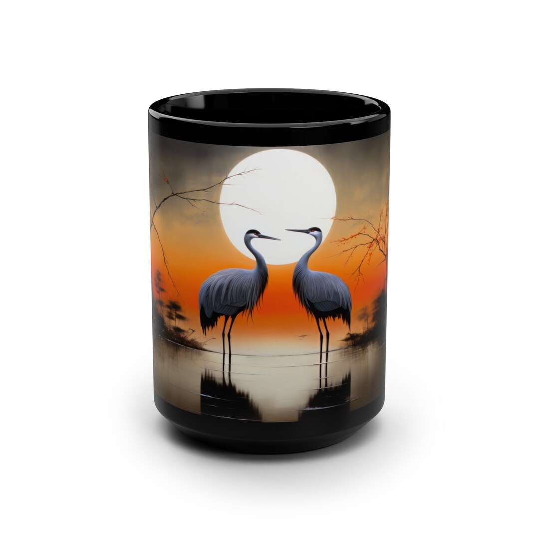 Cranes in Moonlight, Japanese Landscape, Zen Sunset Mug, Bird Landscape ...