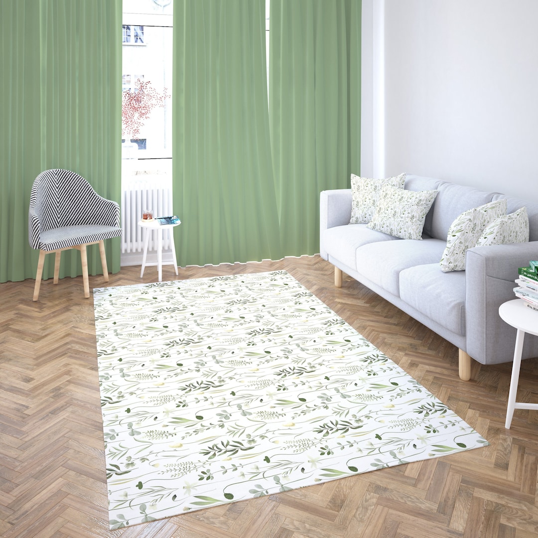 Green Wildflower Rug for Living Room, Floral Rug for Indoor or Outdoor ...