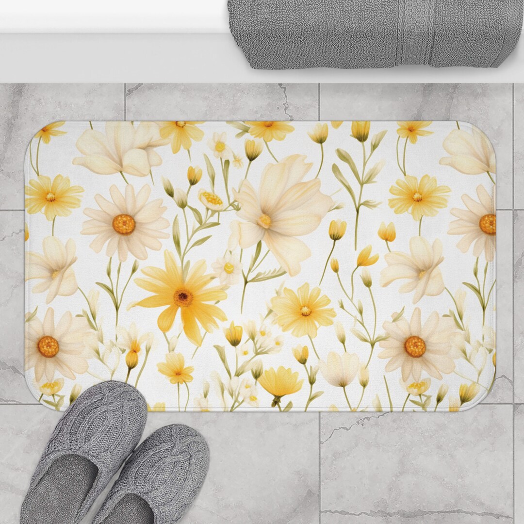 Daisy Floral Bath Mat, Yellow Flower Bath Decor, Cute Bathroom ...
