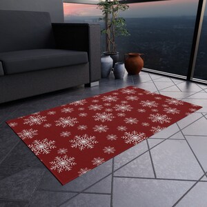 Red Snowflake Christmas Rug, Holiday Circle Rug, Winter Living Room ...