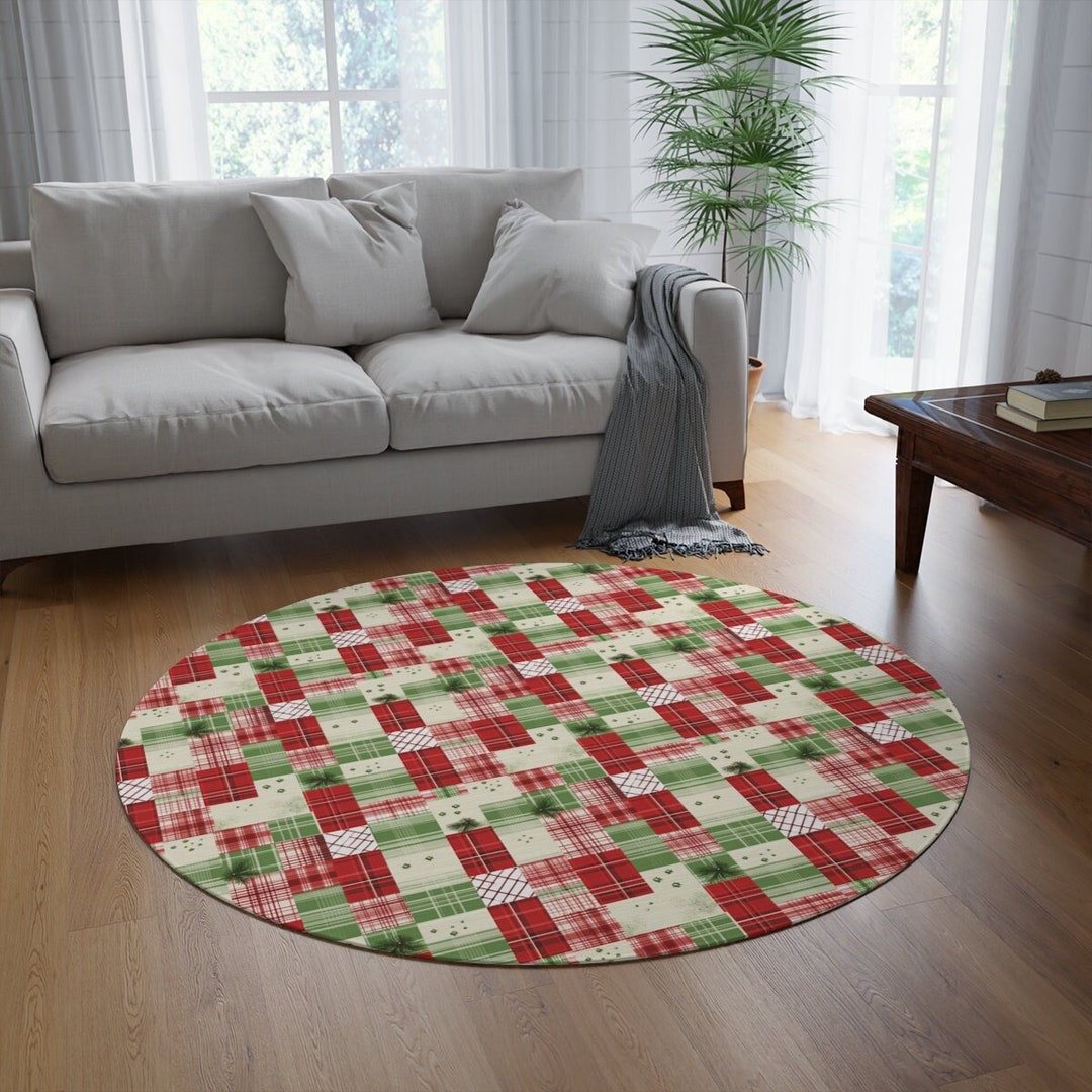 Rustic Plaid Christmas Rug, Festive Christmas Circular Doormat, Holiday ...
