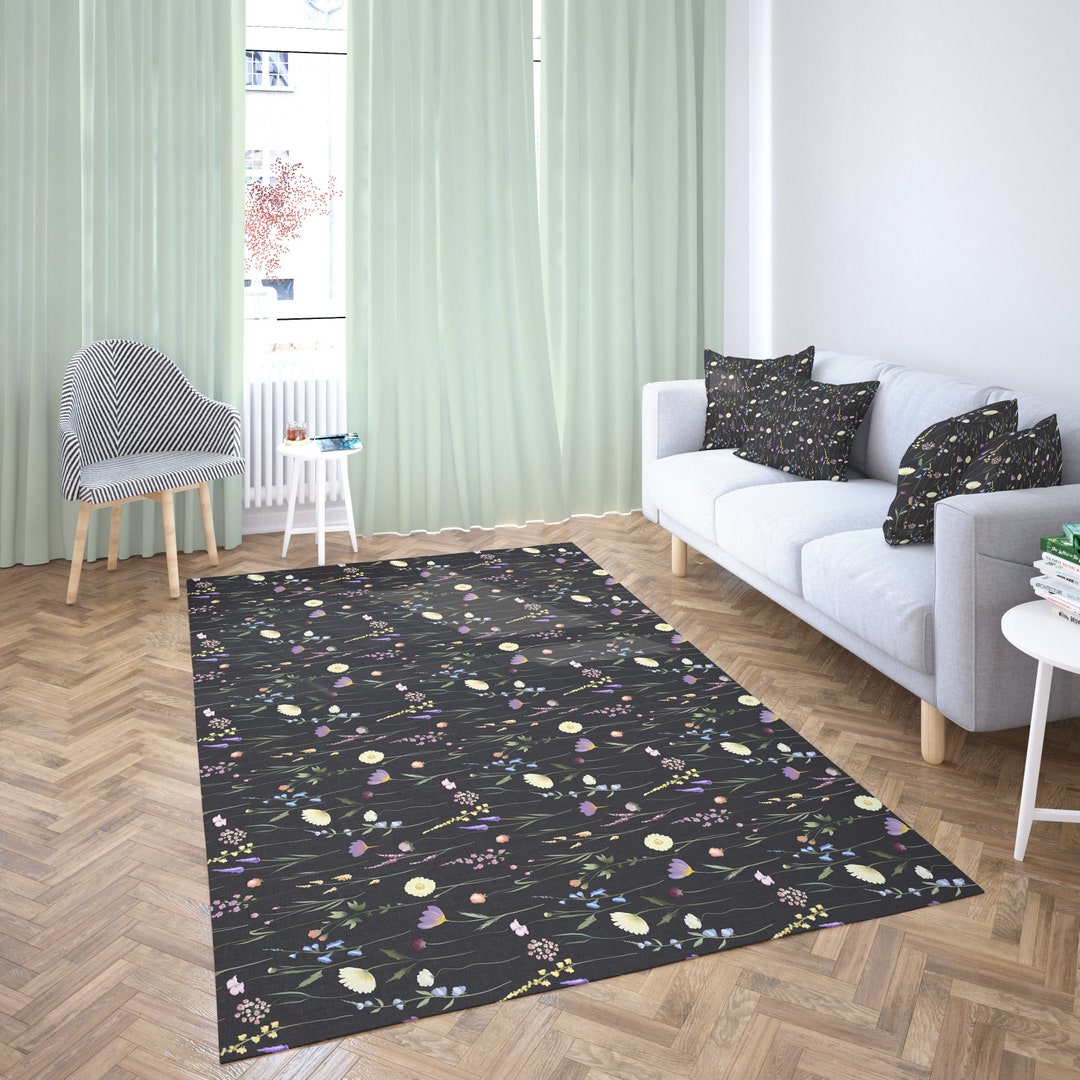 Dark Wildflower Rug for Living Room, Floral Rug for Indoor or Outdoor ...