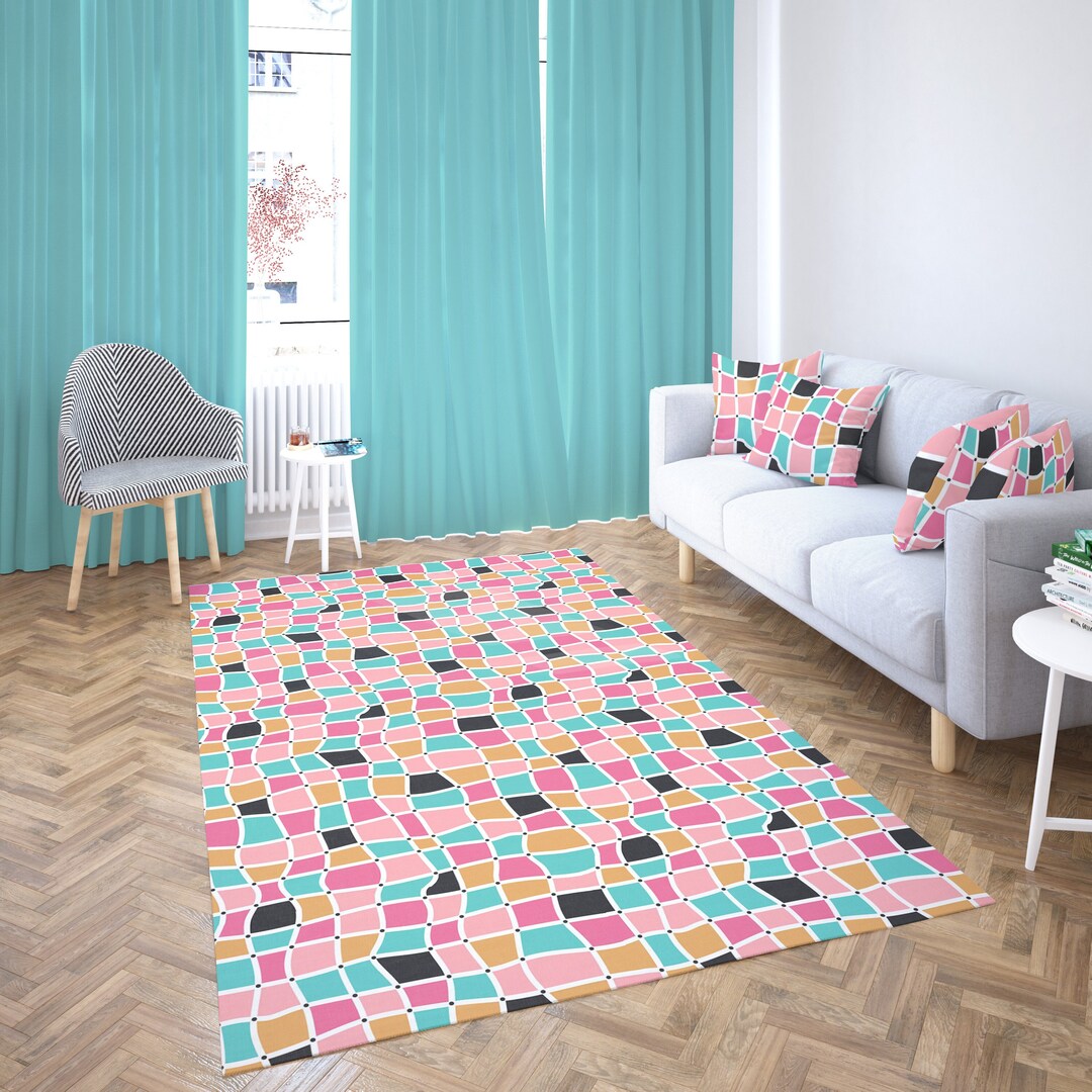Retro Colorful Mosaic Rug, 70s Rugs for Bedroom Aesthetic, Groovy Rug ...