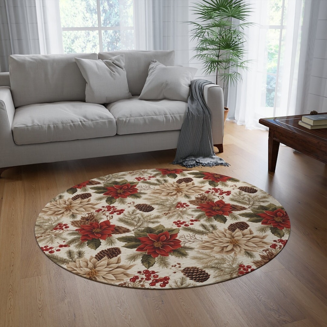 Rustic Round Christmas Rug for Outdoor or Indoor, Poinsettia and Holly ...