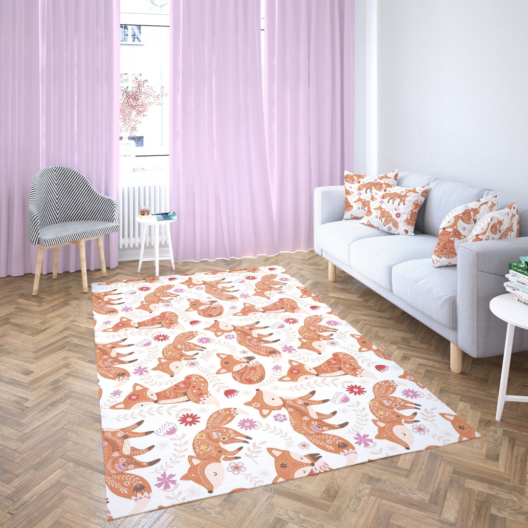 Cute Fox Nursery Rug for Children's Room, Floral Folk Fox Rugs for ...