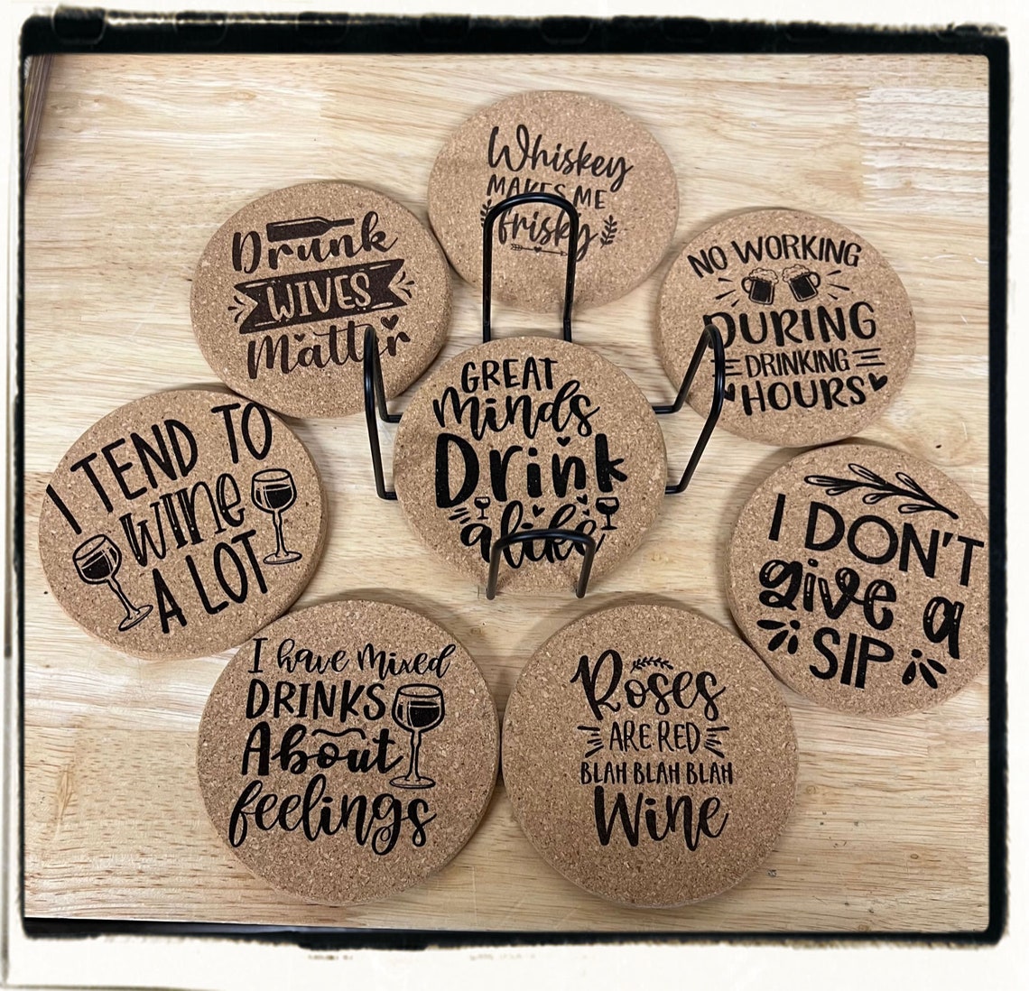 Cork Coasters With Alcohol Themed Sayings With Metal Rack Holder - Etsy