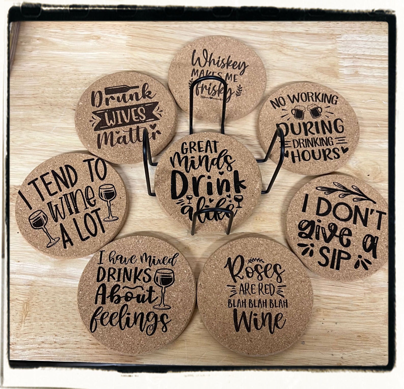 Cork Coasters With Alcohol Themed Sayings With Metal Rack Holder - Etsy