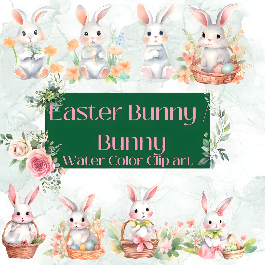 24 Water Color Floral Easter Bunny / Bunnies Clipart Png INSTANT ...