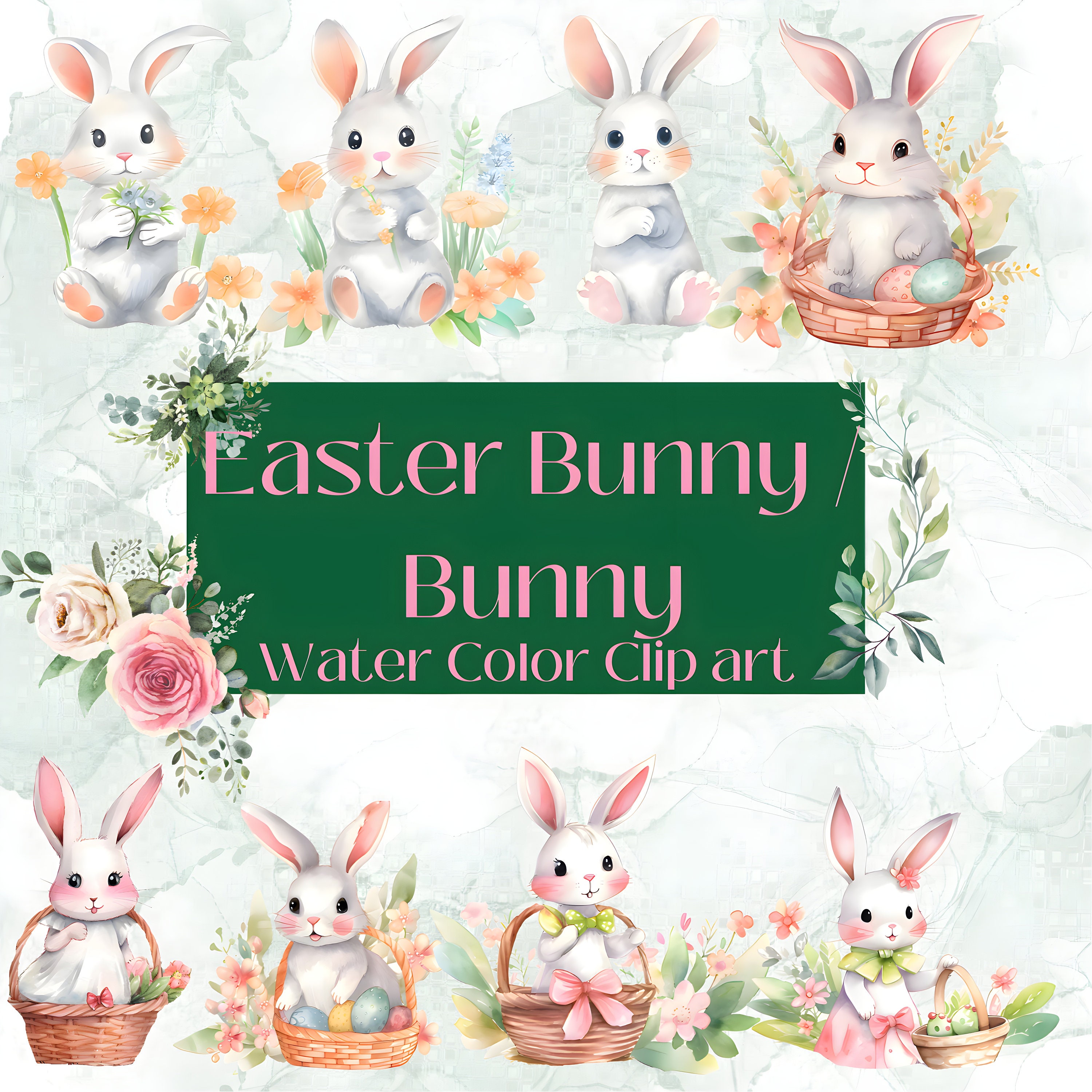 24 Water Color Floral Easter Bunny / Bunnies Clipart Png INSTANT ...