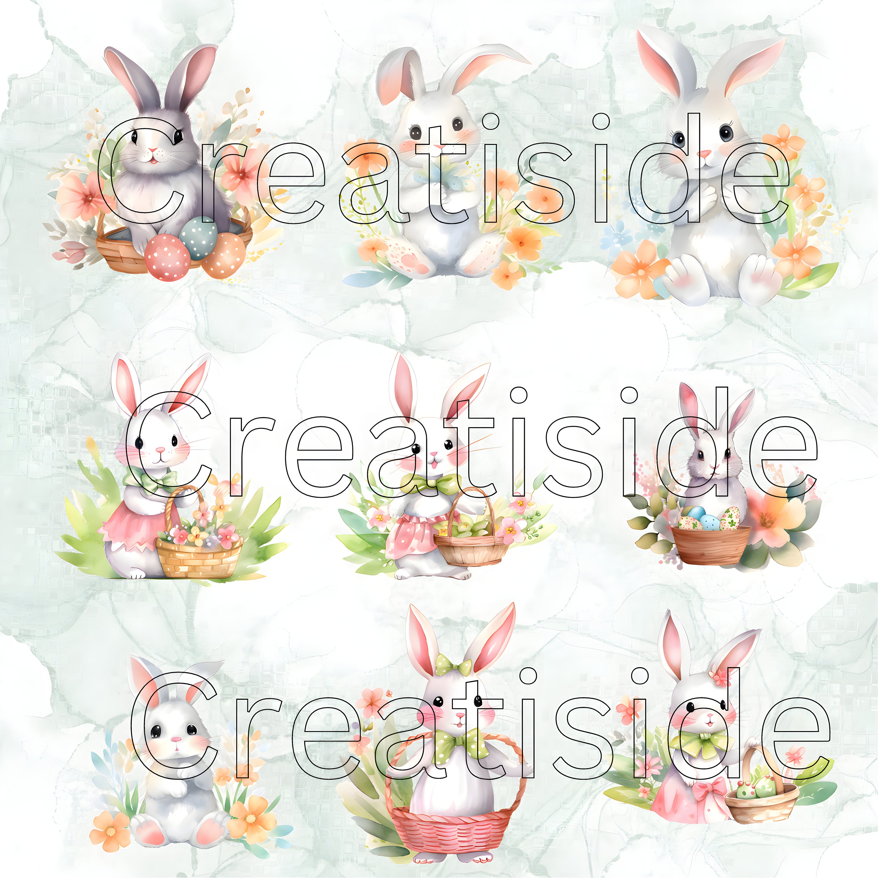 24 Water Color Floral Easter Bunny / Bunnies Clipart Png INSTANT ...