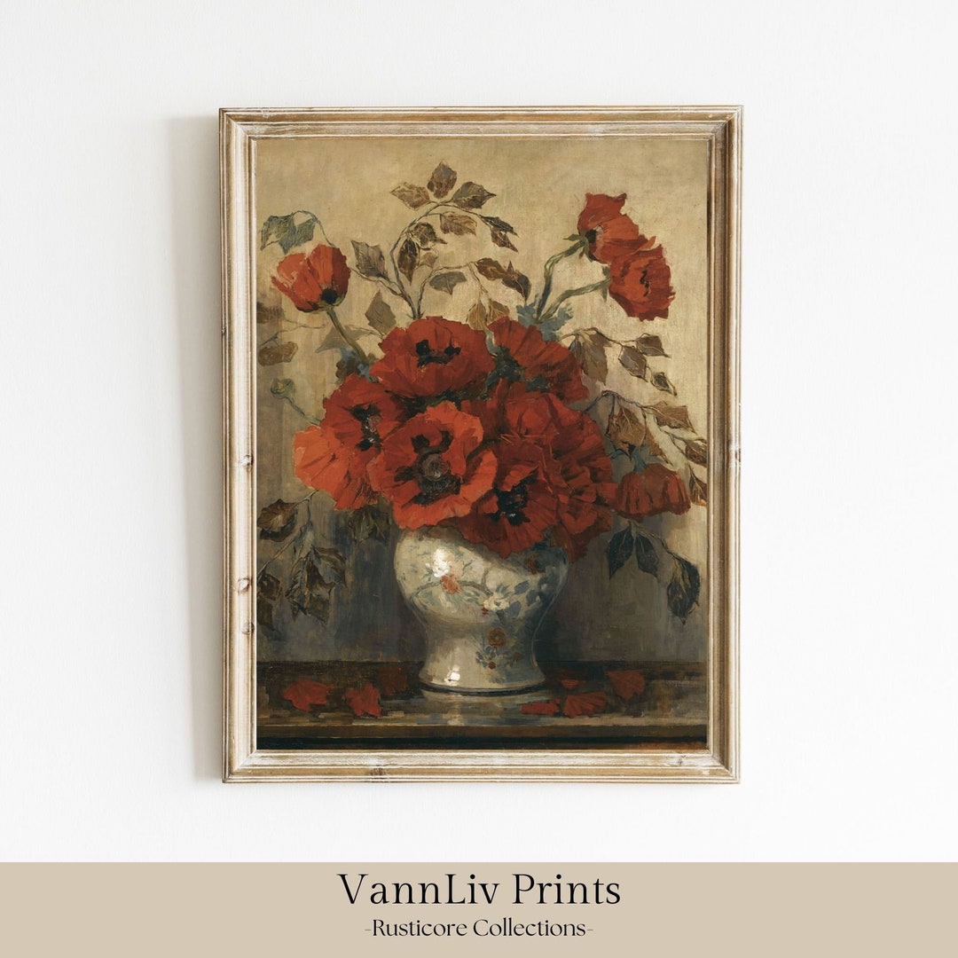Vintage Poppy Vase Still Life Art Print Rural Living Decor DIGITAL ...