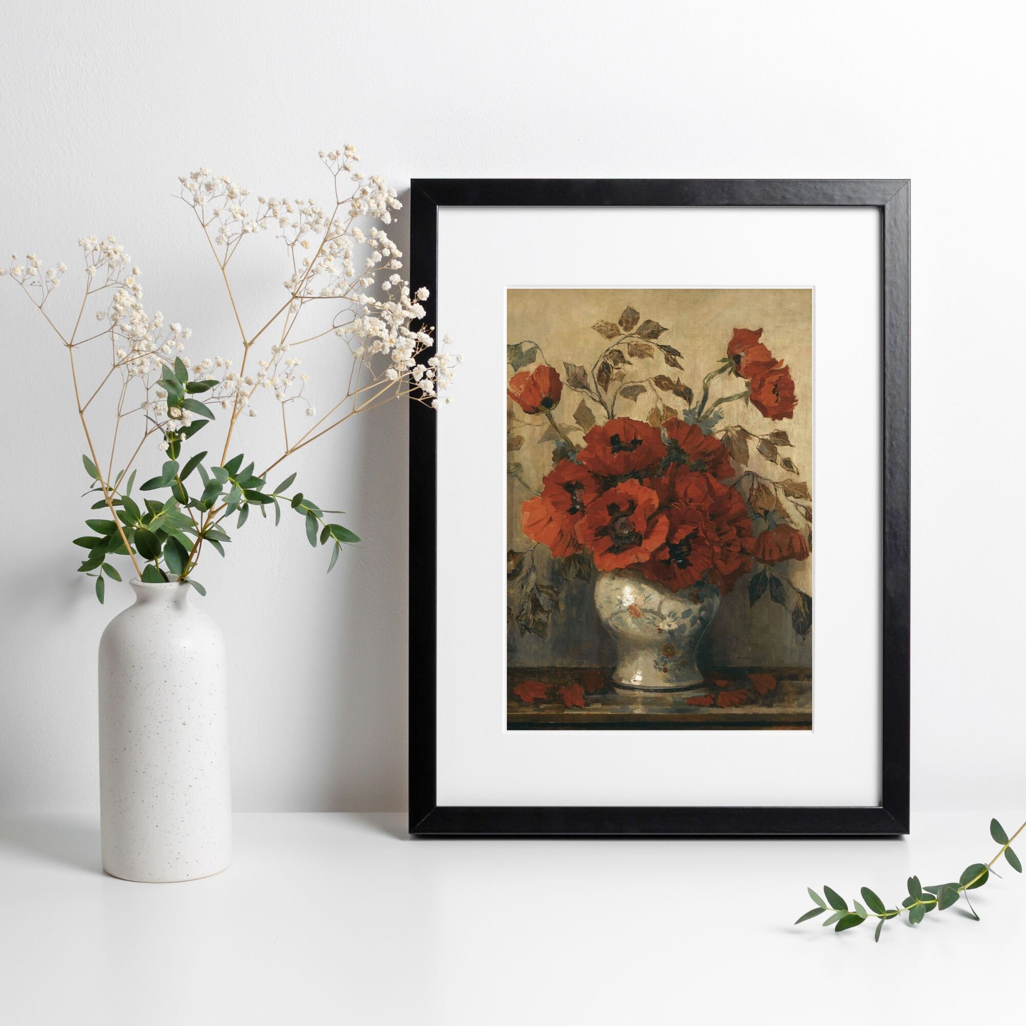 Vintage Poppy Vase Still Life Art Print Rural Living Decor DIGITAL ...