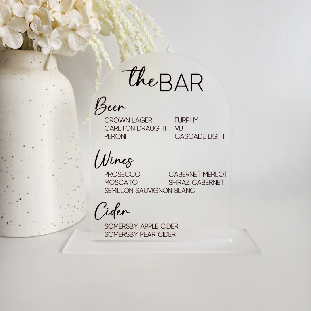 Acrylic Bar Menu Sign | Wedding Bar Sign | Party Bar Sign - Etsy
