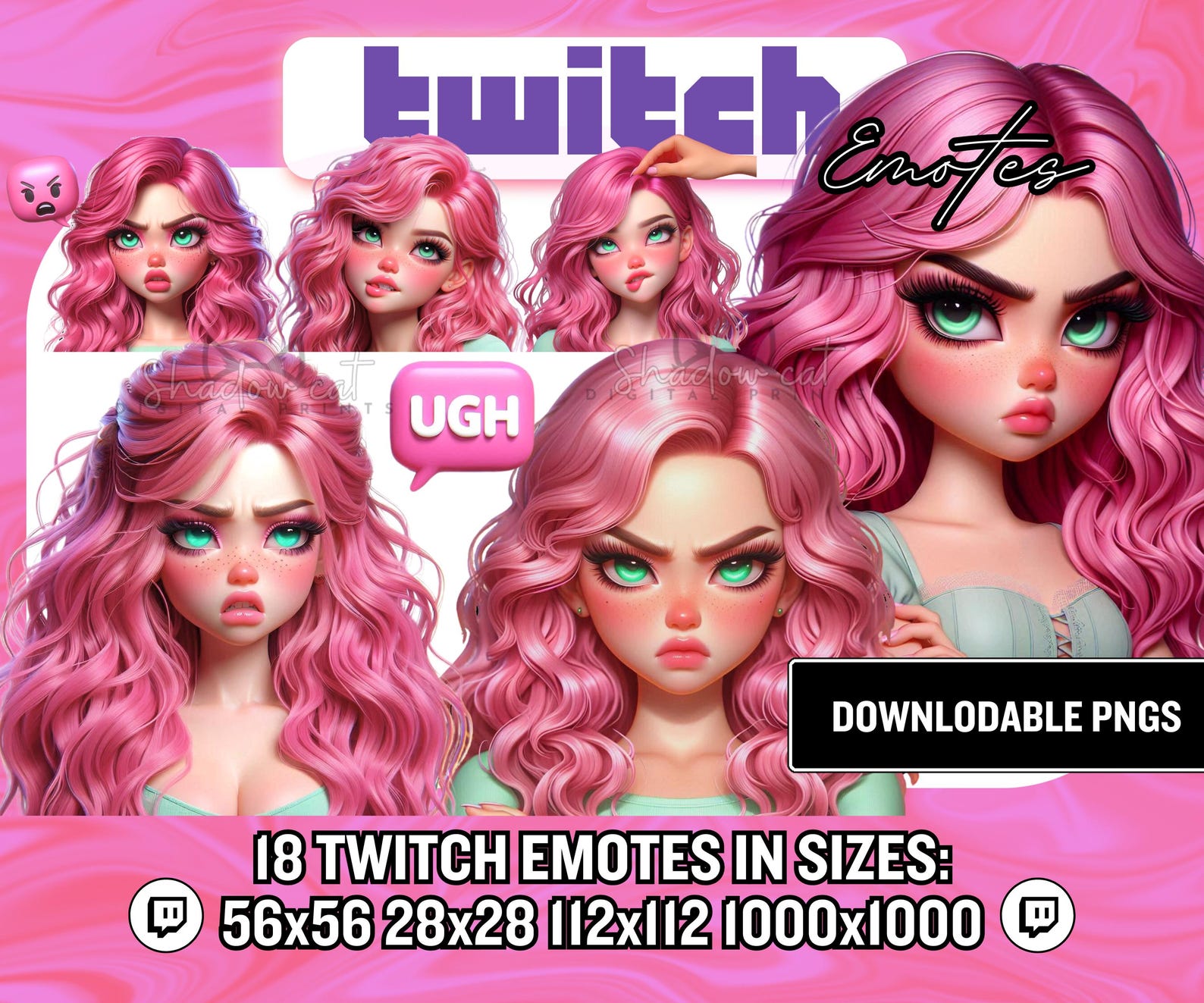 Twitch Emotes / 18 Girl Emotes / Cute Female Emotes / Pink Haired Gamer ...