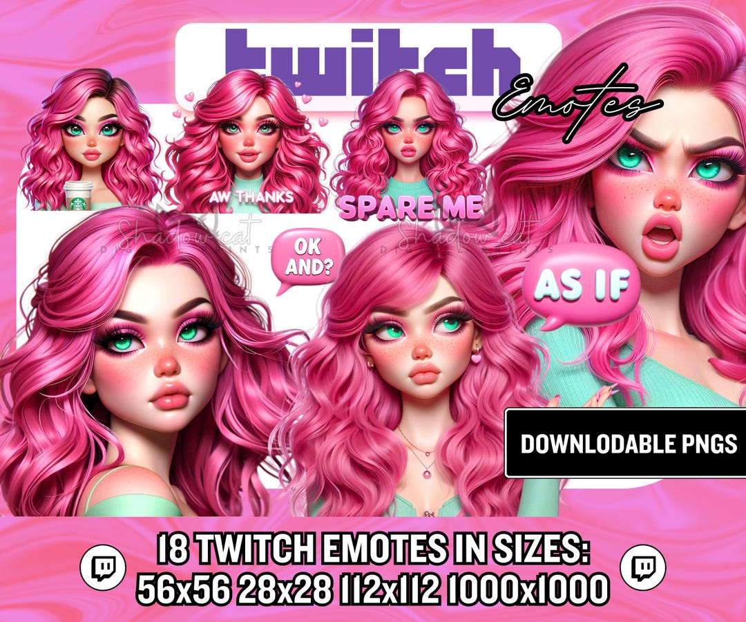 Twitch Emotes / 18 Girl Emotes / Cute Female Emotes / Pink Haired Gamer ...