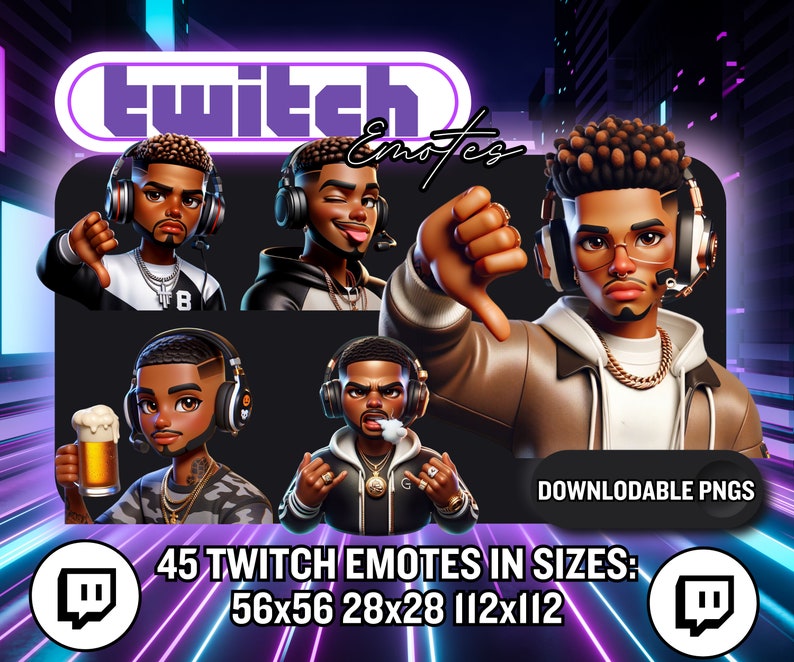 Black Male Gamer Twitch Emotes – 45 PNG Stream Emojis (digital Download ...