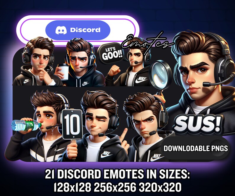 Brown Hair Gamer Guy Discord Emotes - 21 PNG Streamer Emojis (instant ...