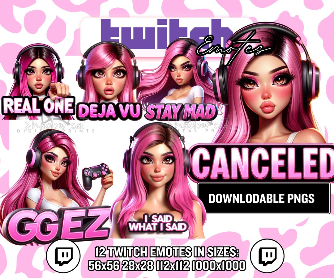 Pink Hair Emotes / 12 Cute Twitch Emotes / Pink Haired Streamer Girl ...
