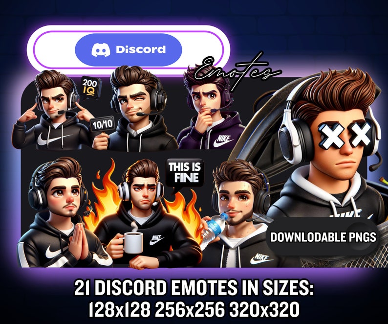 Brown Hair Gamer Guy Discord Emotes - 21 PNG Streamer Emojis (instant ...