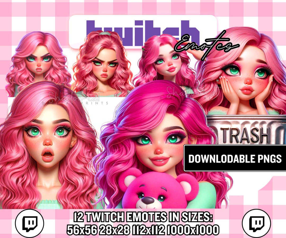 Twitch Emotes / 12 Girl Emotes / Cute Female Emotes / Pink Haired Gamer ...