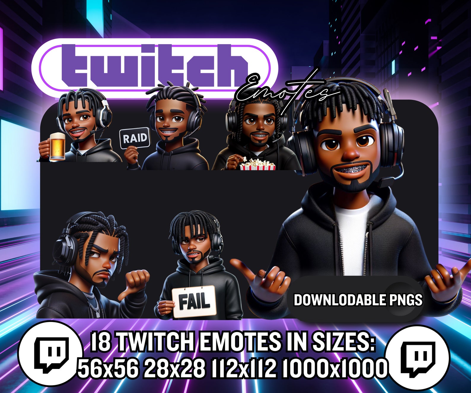 Black Man Gamer Twitch Emotes - 18 PNG Streamer Emojis (digital ...