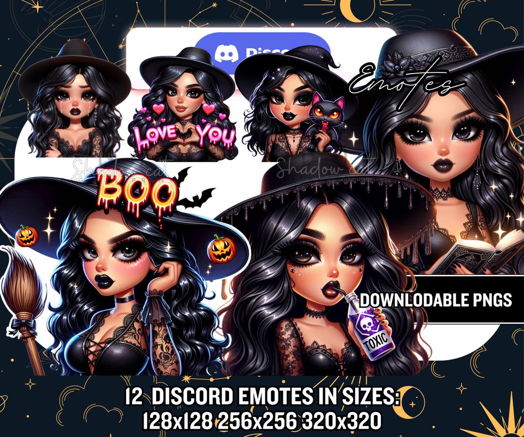 Witch Discord Emotes: Black Hair, Brown Eyes (12 Pngs) (digital ...