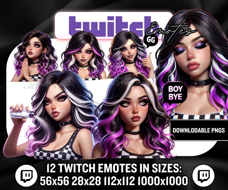 Purple Hair Girl Twitch Emotes – Emo Goth Streamer Emojis (PNG Download ...