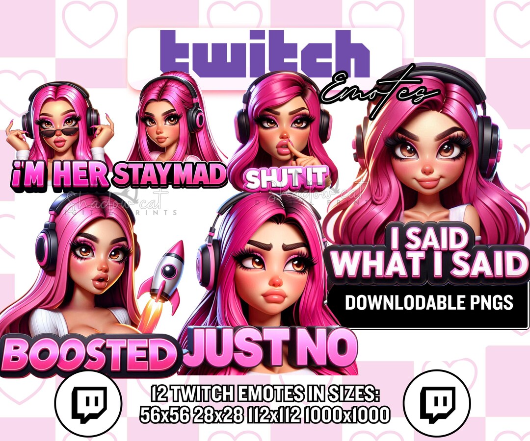 Pink Hair Emotes / 12 Girl Twitch Emotes / Pink Haired Streamer Girl ...