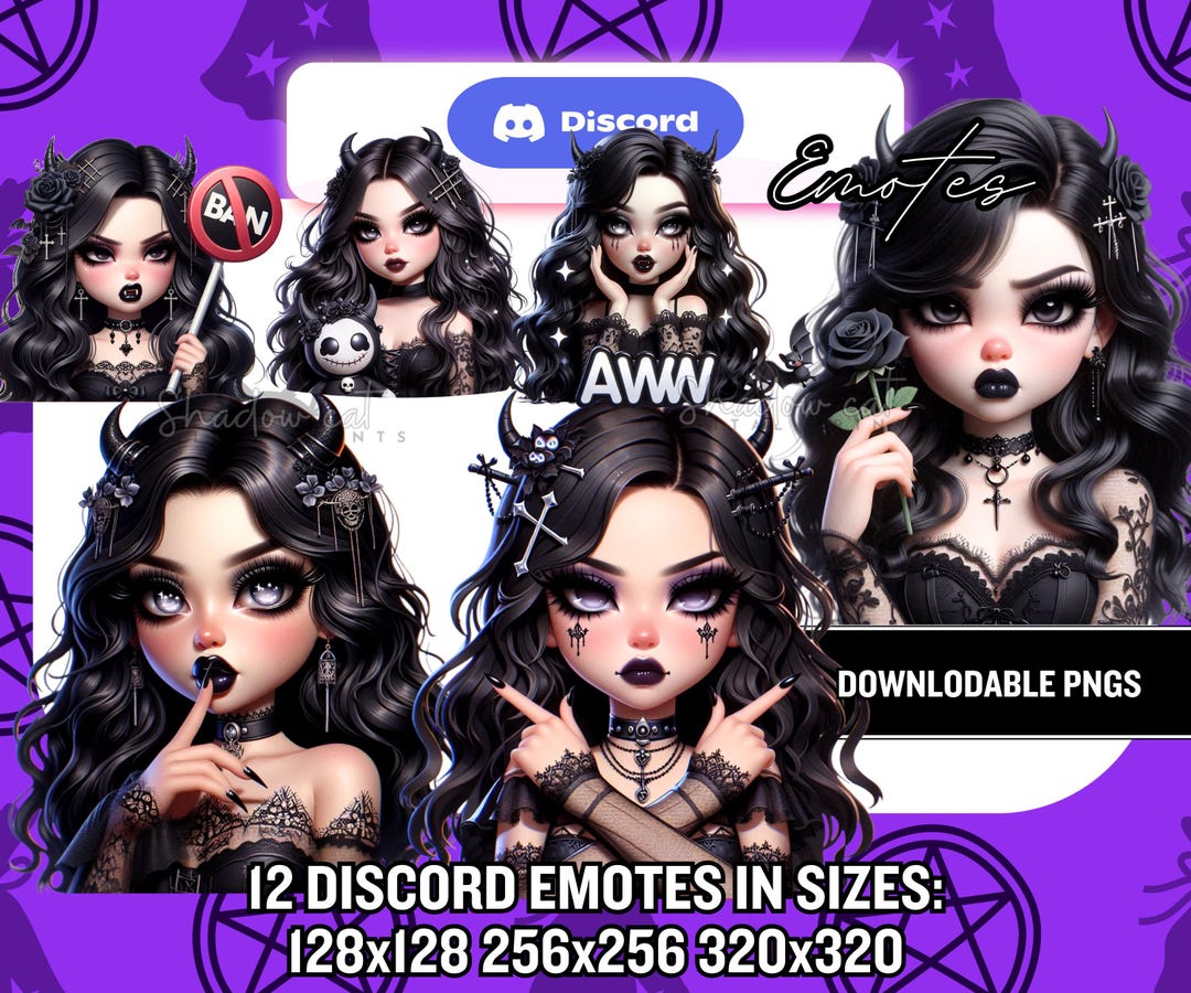 Black Hair Emotes / Goth Girl Discord Emotes / Devil Horn Discord ...