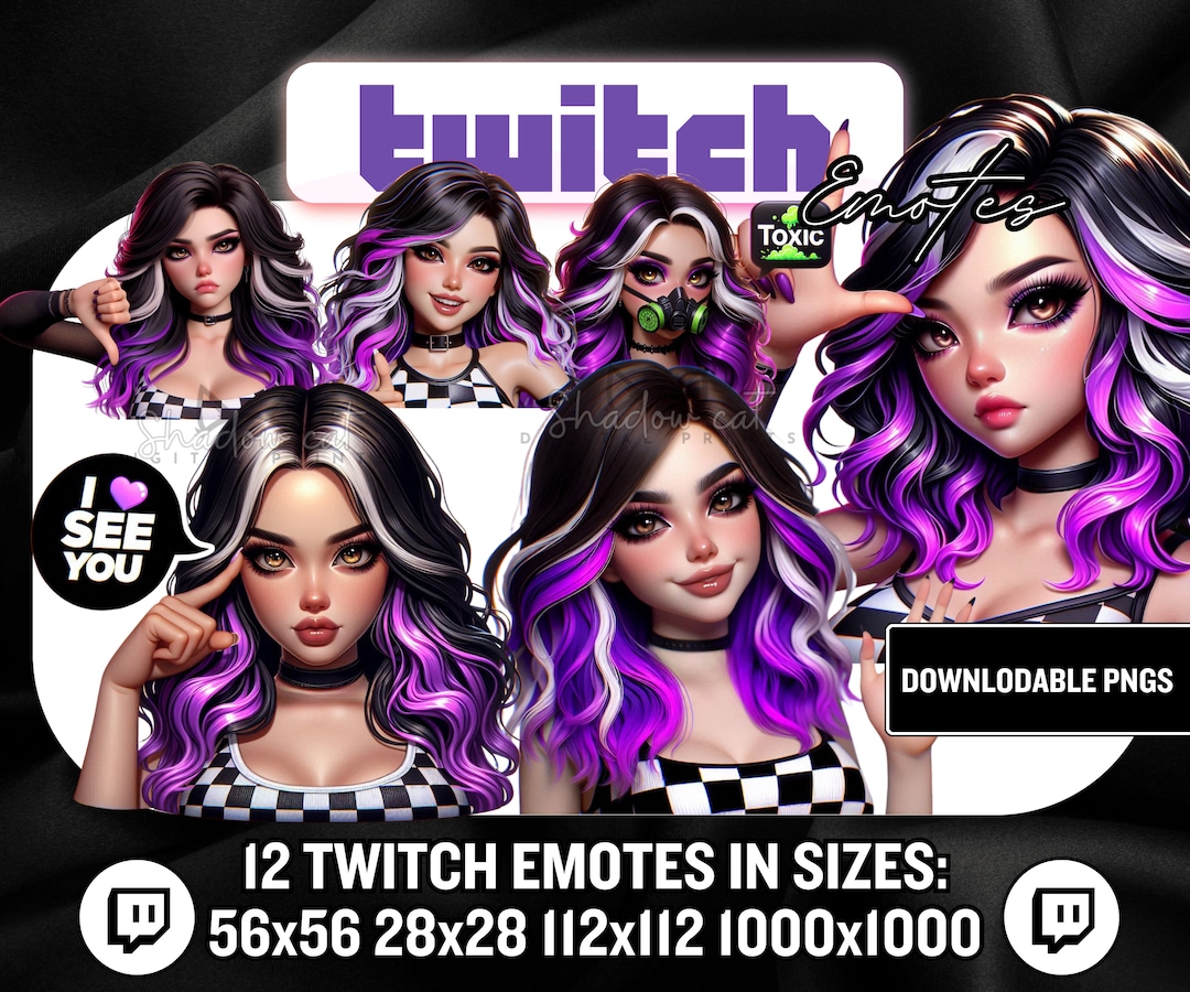 Purple Hair Girl Twitch Emotes – Emo Goth Streamer Emojis (PNG Download ...