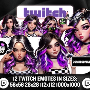 Purple Hair Girl Twitch Emotes – Emo Goth Streamer Emojis (PNG Download ...