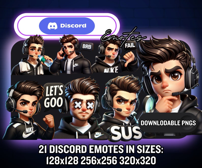 Brown Hair Gamer Guy Discord Emotes - 21 PNG Streamer Emojis (instant ...