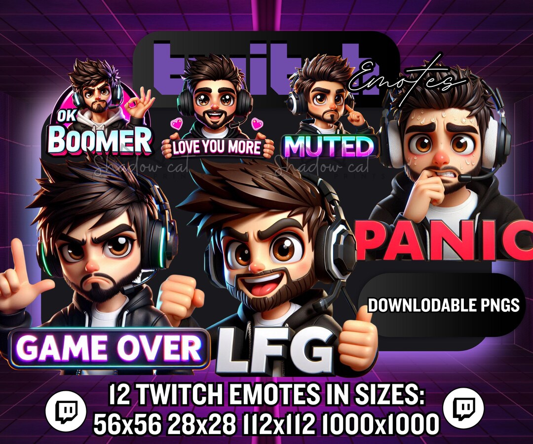 Male Twitch Emotes / 12 Brown Hair Twitch Emotes / Boy Streamer Twitch ...