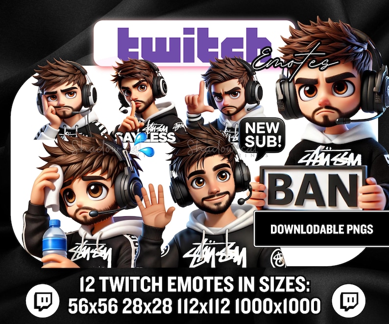 Brown Hair Gamer Guy Twitch Emotes – 12 PNG Streamer Emojis (digital ...