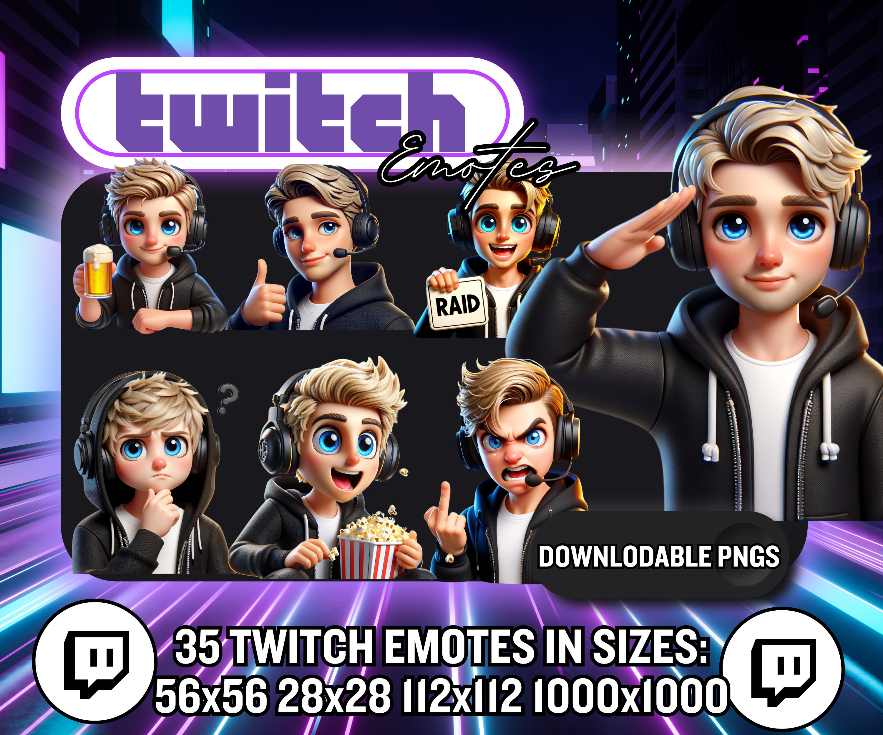 35 Blonde Hair Gamer Guy Twitch Emotes - Instant Download Png's - Etsy