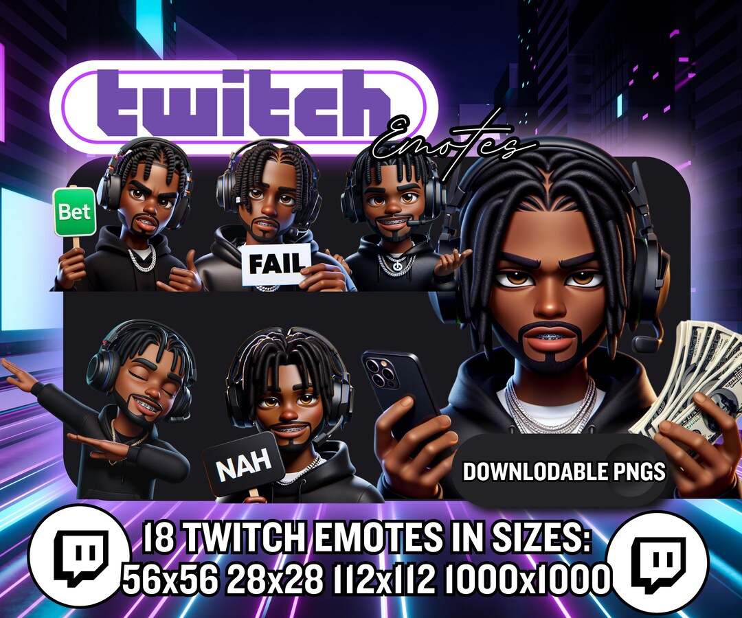 Black Man Gamer Twitch Emotes - 18 PNG Streamer Emojis (digital ...