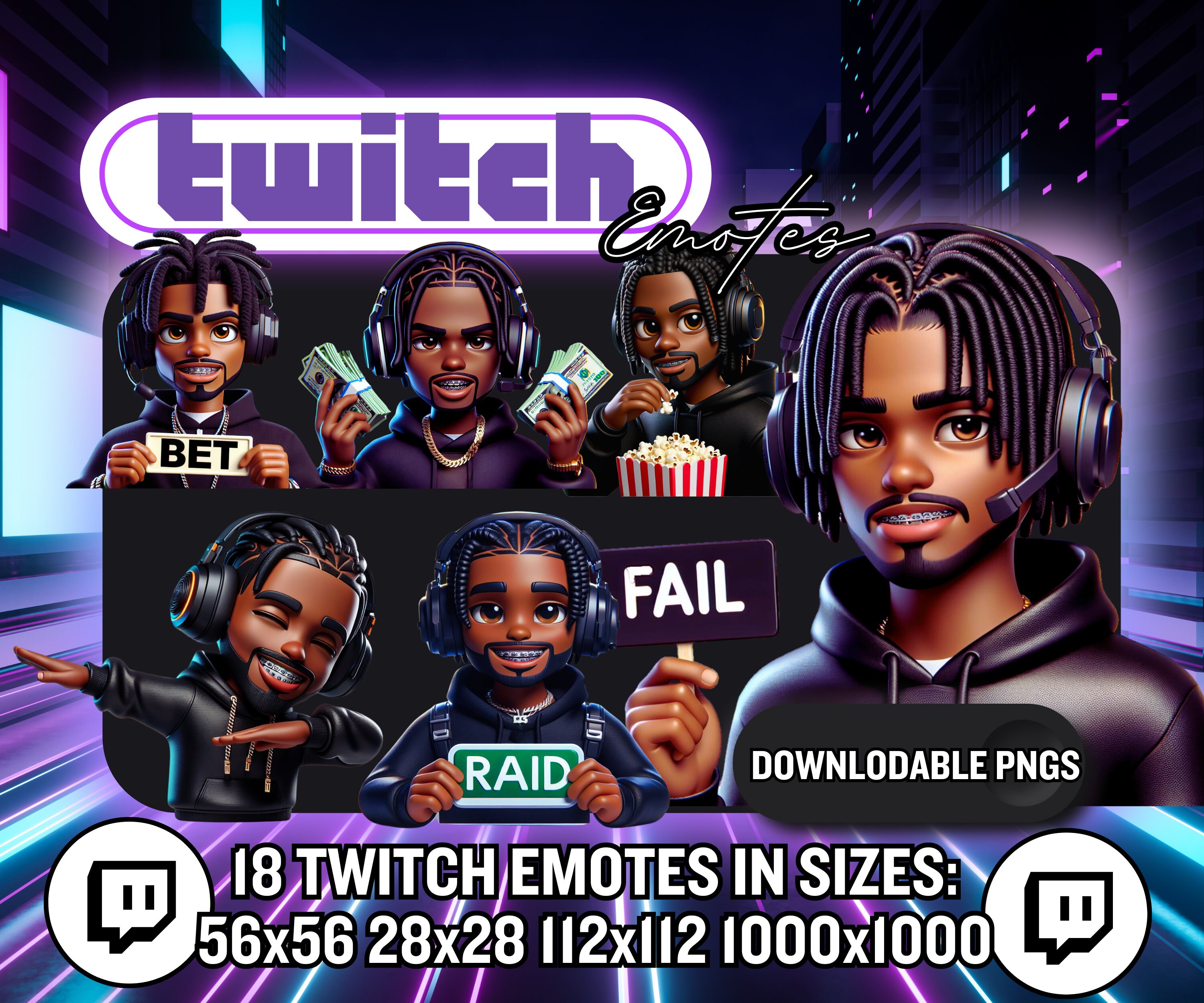 Black Man Gamer Twitch Emotes - 18 PNG Streamer Emojis (digital ...