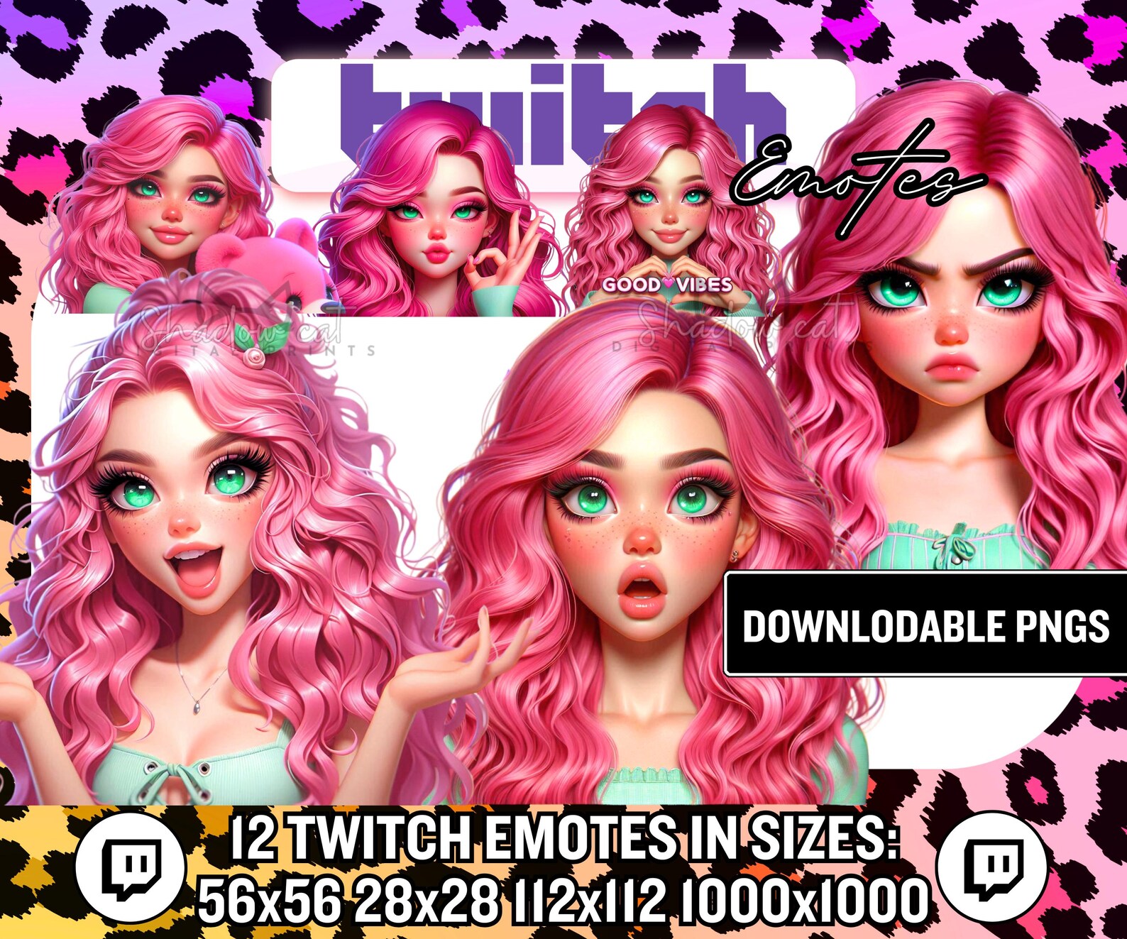 Pink Haired Gamer Girl Twitch Emotes – Kawaii Chibi PNG (digital ...