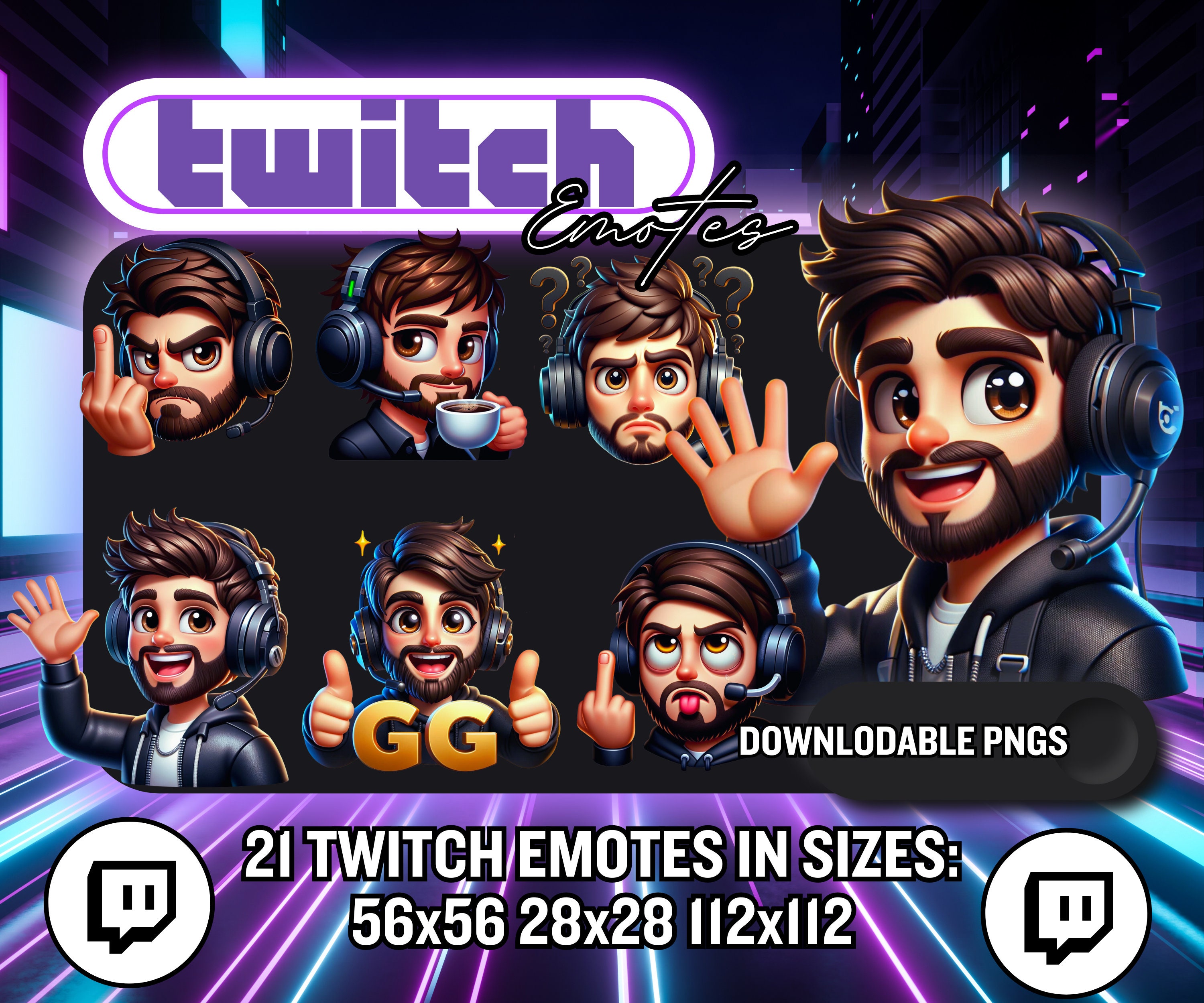 Male Twitch Emotes / 21 Brown Hair Guy Twitch Emojis / Boy Streamer ...