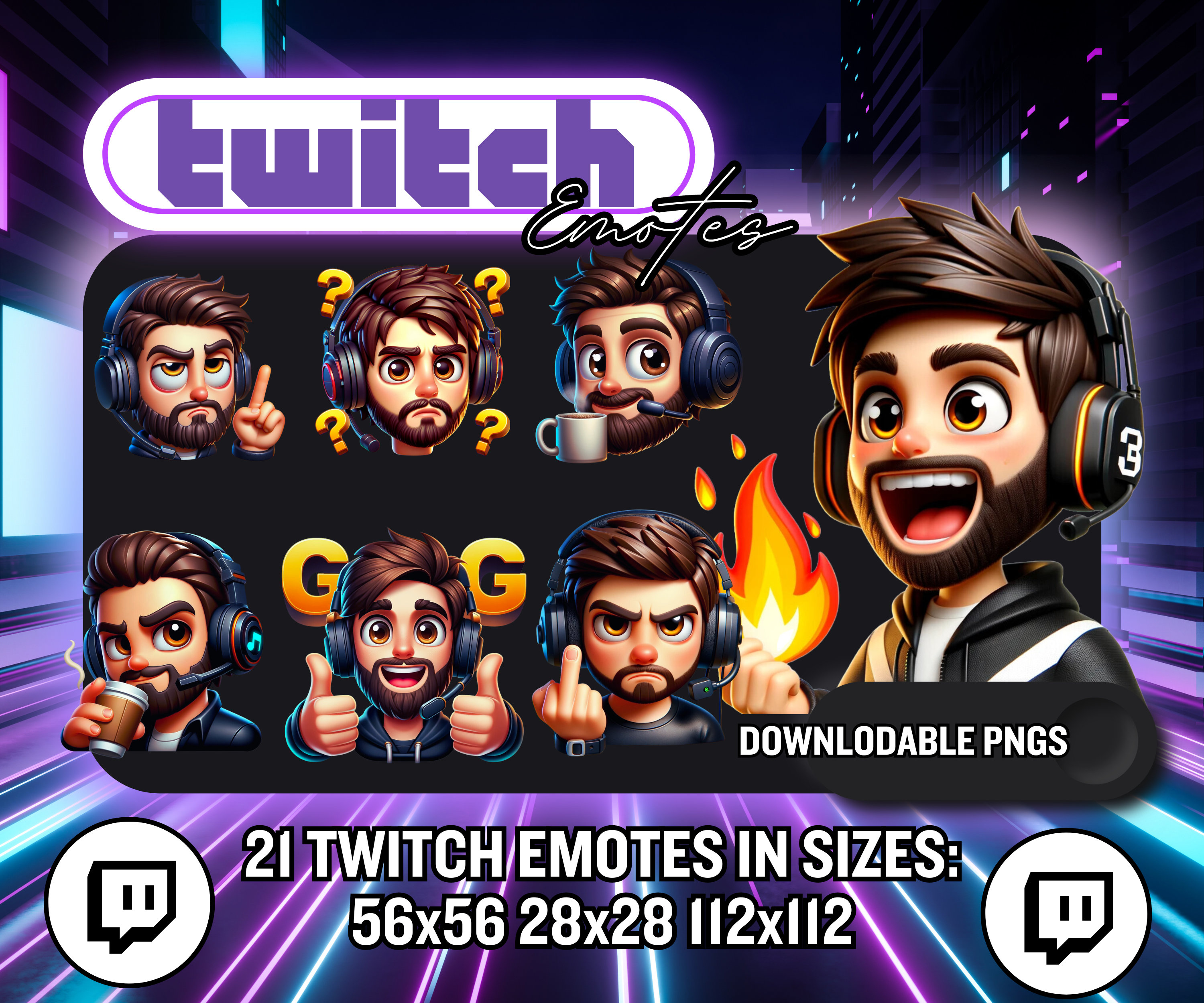 Male Twitch Emotes / 21 Brown Hair Guy Twitch Emojis / Boy Streamer ...