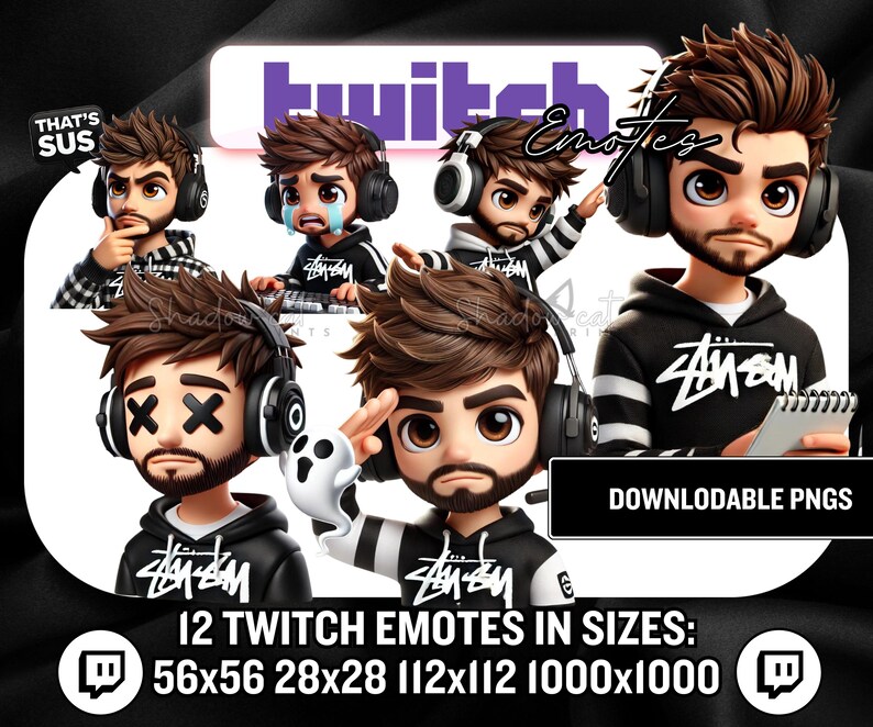 Brown Hair Gamer Guy Twitch Emotes – 12 PNG Streamer Emojis (digital ...