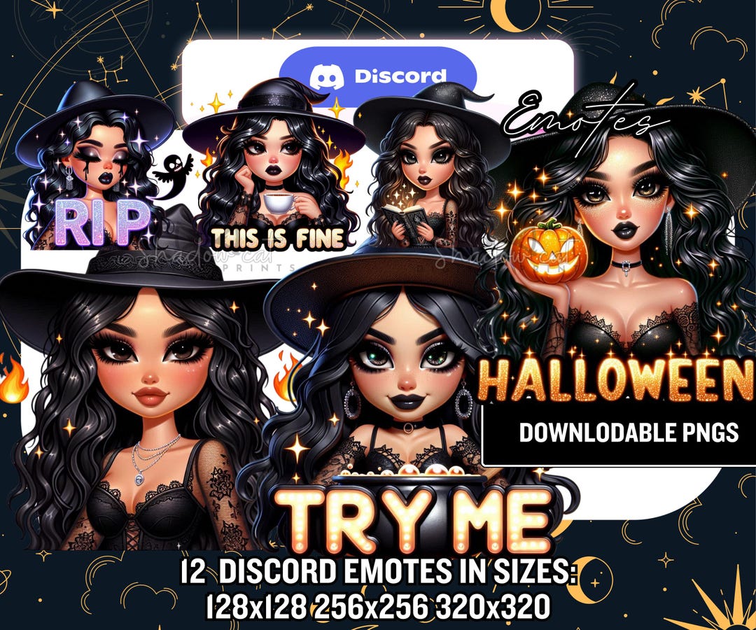 Witch Discord Emotes: Black Hair, Halloween Gamer Girl (digital ...