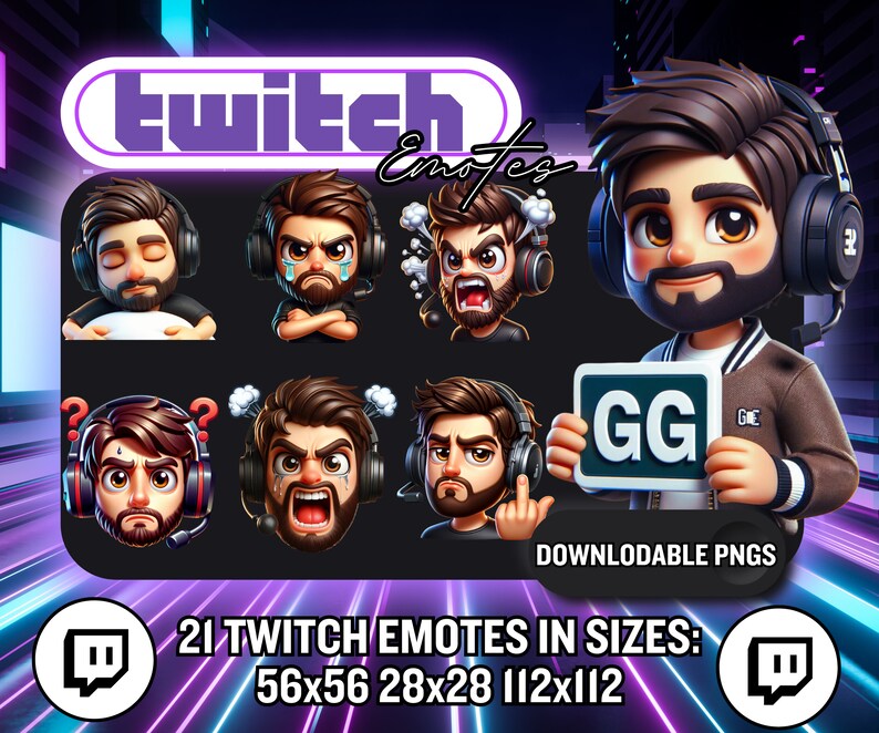 Male Twitch Emotes / 21 Brown Hair Guy Twitch Emojis / Boy Streamer ...