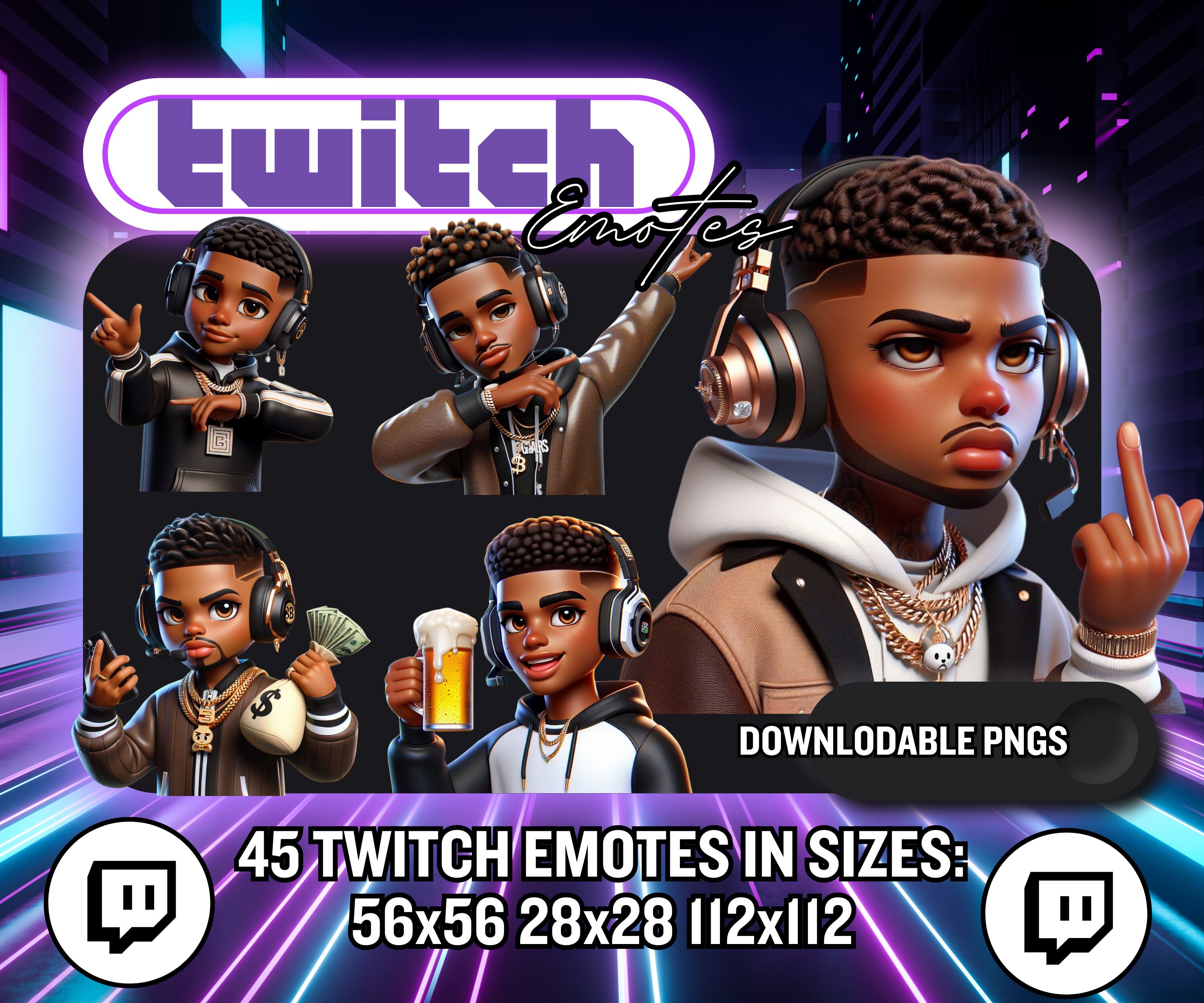Black Male Gamer Twitch Emotes – 45 PNG Stream Emojis (digital Download ...