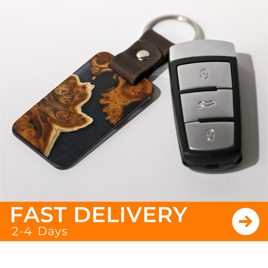 Wood and Resin CAR KEYCHAIN. Aesthetic Keychain With Leather Strap ...